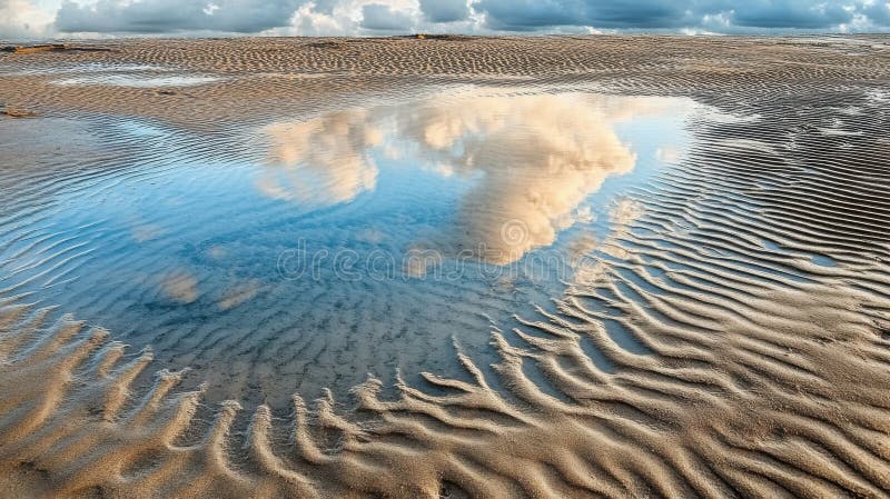 Cloud Reflections in Tidal Pool on Sandy Beach at Low Tide Stock ...