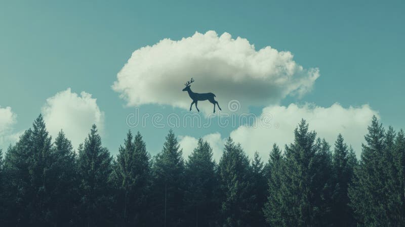 Creative Cloud Shaped Like a Running Deer Soaring Above a Tranquil Pine ...
