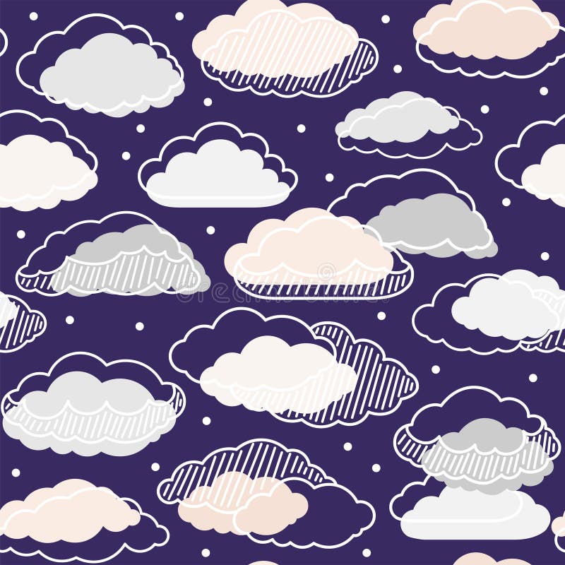 Cloud Seamless Pattern with Lines, Striped Structure, Nursery Pastel Color Clouds on Dark ...