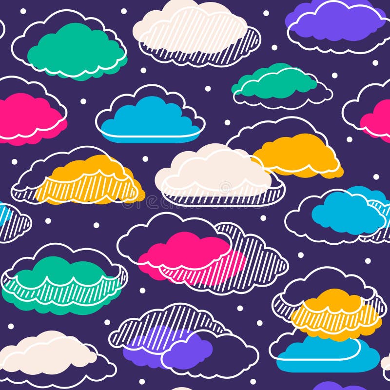 Cloud Seamless Pattern with Lines, Striped Structure, Vivid Whimsical Clouds on Dark Background ...