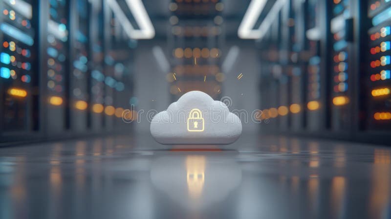 Cloud Security Concept Gold Lock Icon on White Cloud in Server Room ...