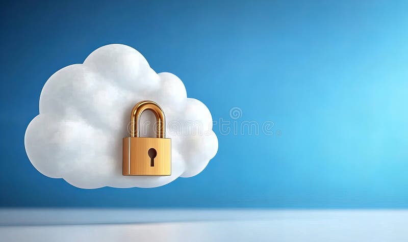 Cloud Security Concept with Golden Padlock and White Cloud Against Blue ...