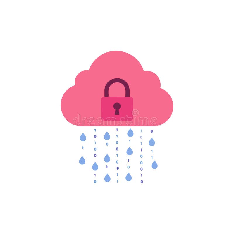 Cloud Security Concept with Pink Cloud and Lock Icon Raining Digital Binary Code Drops Vector ...
