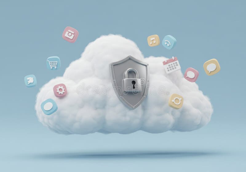 Cloud Security and Data Protection Concept with Padlock and Shield Stock Illustration ...