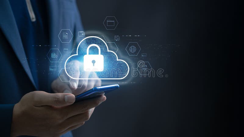 Cloud Security and Mobile Data Protection. Person Using a Smartphone ...