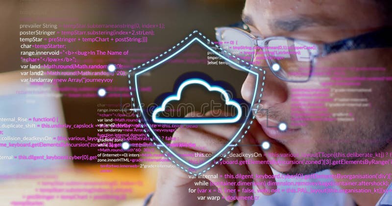 Cloud Security Shield Animation Over Person Reading Code on Computer ...
