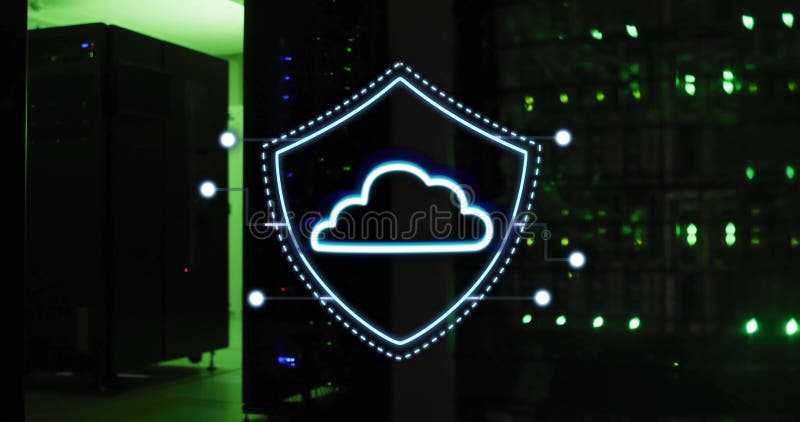 Cloud Security Shield Animation Over Server Room with Green Lights ...