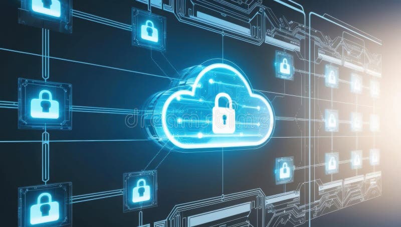 Cloud Security Visualization Features Glowing Holographic Icons on ...