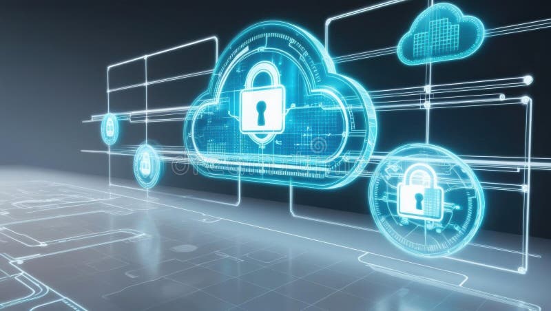 Cloud Security Visualization with Glowing Holographic Icons and Layered ...