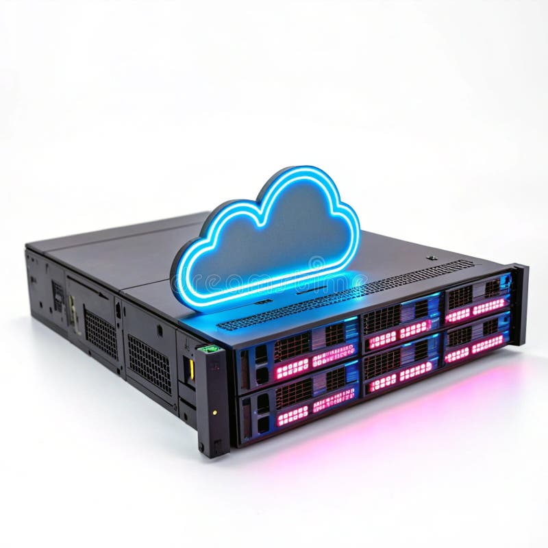 Cloud Server with Neon Lights Isolated on White Background Stock ...