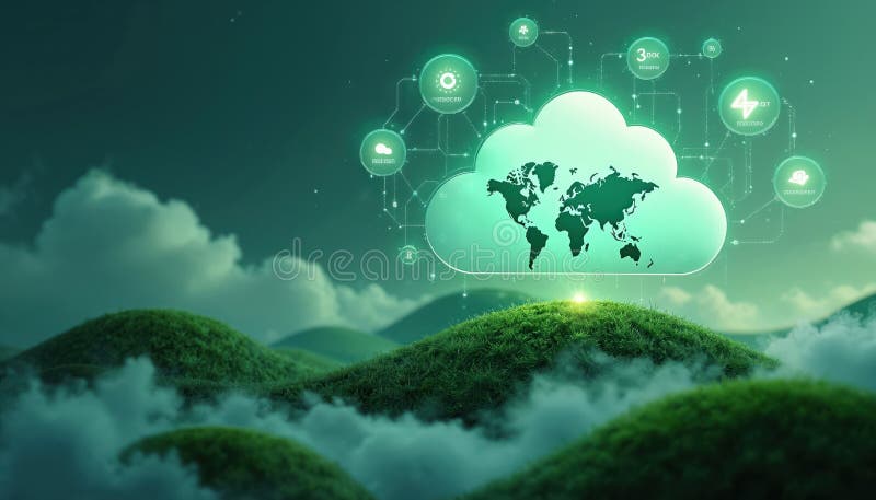 Cloud Service Concept. World Map Inside Cloud with Data Indicators, Green Hills Stock ...