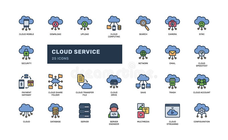 Cloud Service Icon Set with Networking and Data Infrastructure Stock Illustration - Illustration ...