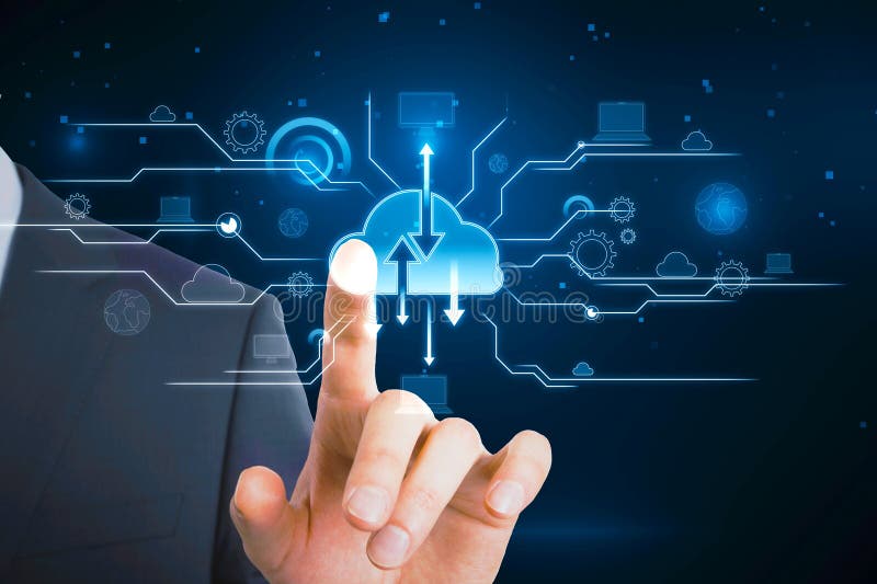 Cloud Service and Information Exchange Concept with Man Finger on ...
