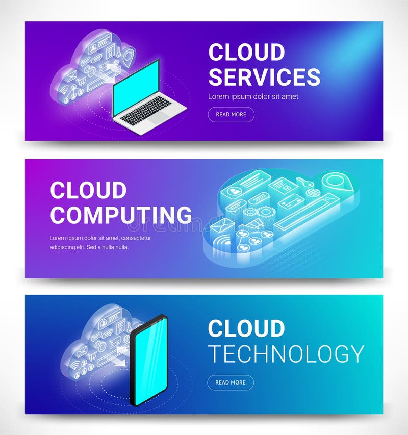 Cloud Services Horizontal Banners Set Stock Vector - Illustration of ...