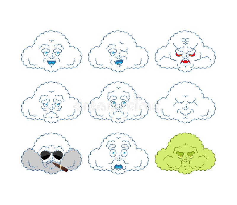 Cloud Set Emoji Avatar. Sad and Angry Face. Guilty and Sleeping. Cloud ...