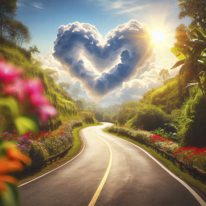Cloud in the Shape of a Heart Over the Road. Love of Travel Concept ...