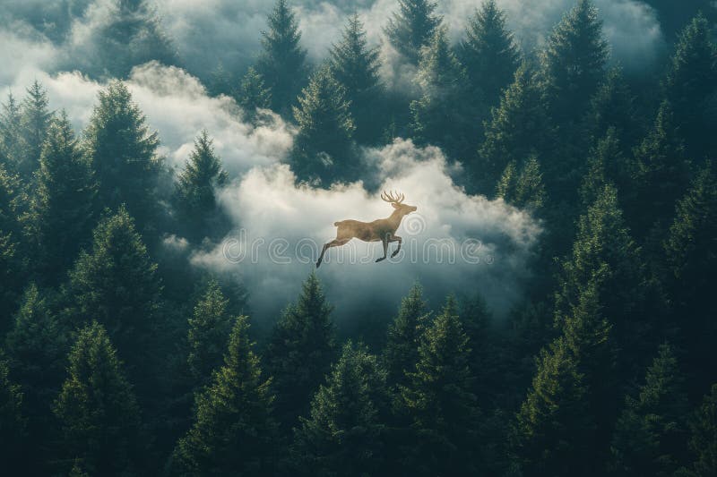 Cloud Shaped Like a Running Deer Above a Pine Forest Represents Freedom ...