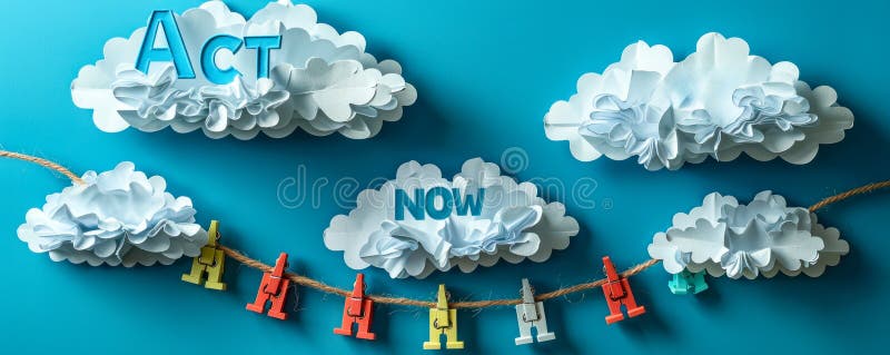 Cloud-shaped Paper Cutouts with the Words ACT NOW Hanging on a String ...