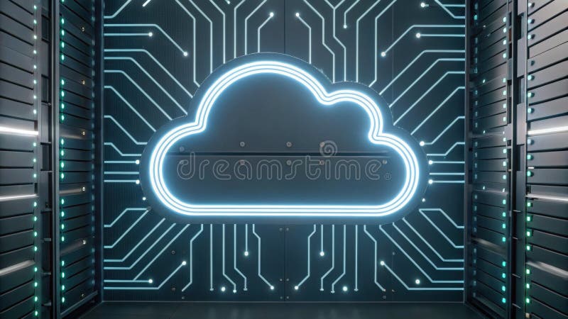 Cloud Shaped Structure in Server Room Illuminated by Neon Circuit Lines ...