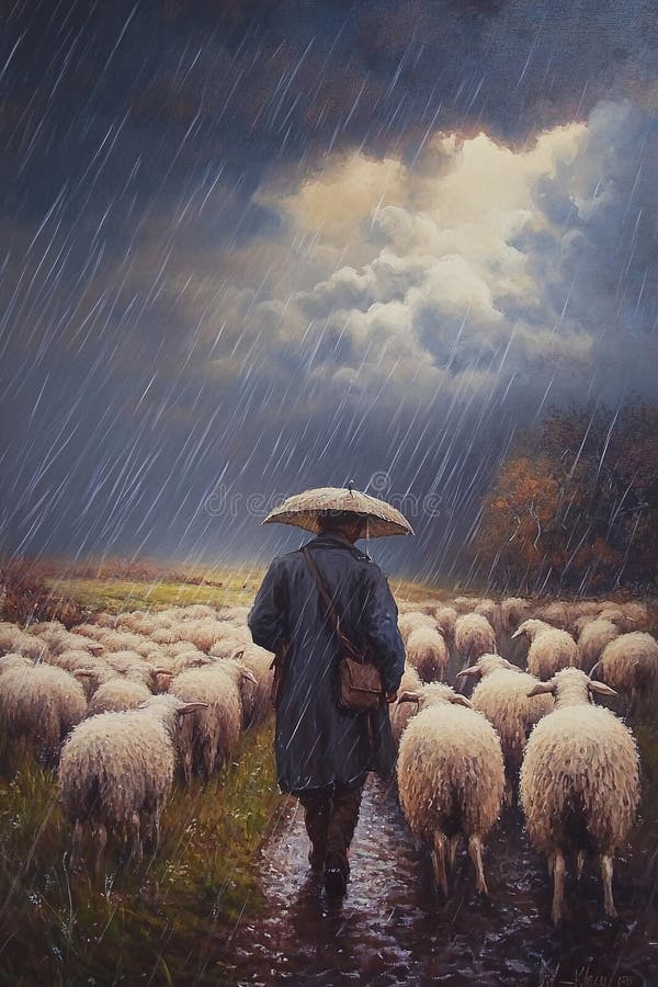 A Cloud Shepherd Herding Rain Droplets Like Sheep Stock Illustration ...