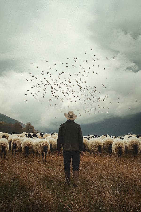 A Cloud Shepherd Herding Rain Droplets Like Sheep Stock Illustration ...