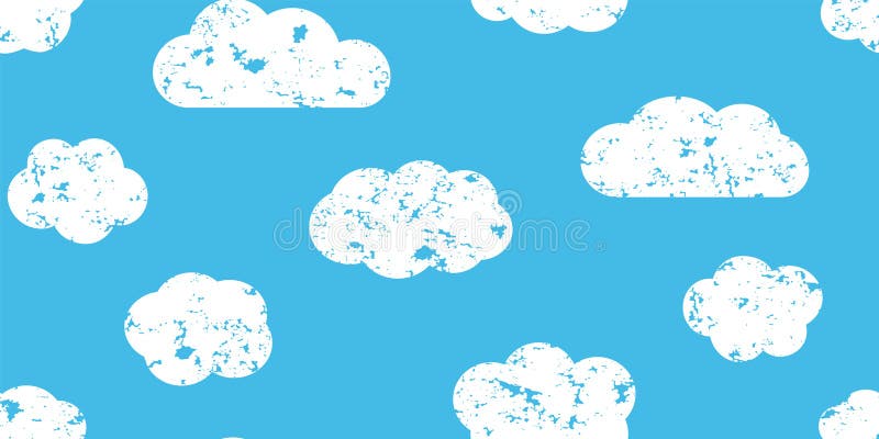 Cloud Sky Crayon Seamless Pattern, White Chalk Shape on Blue Background ...