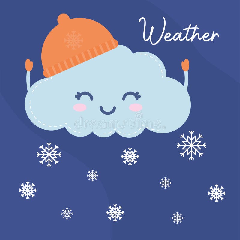 Cloud Smiling with One Hat and Snowflakes on a Blue Background Stock ...