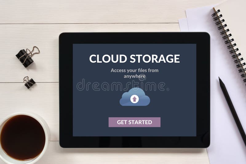 Cloud Storage App Concept Tablet Screen Office Objects Stock Photos ...