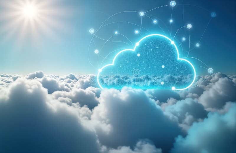 Cloud Storage Concept. Sky Background with a Glowing Cloud Shape. Cloud Network Graphic. Above ...