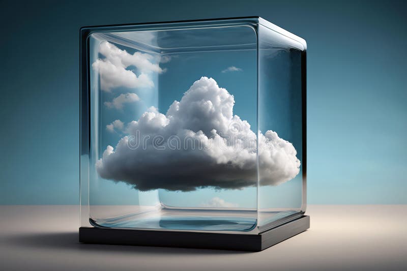 Cloud Storage Concept. White Cloud Storage System. Clouds in Glass Cube ...
