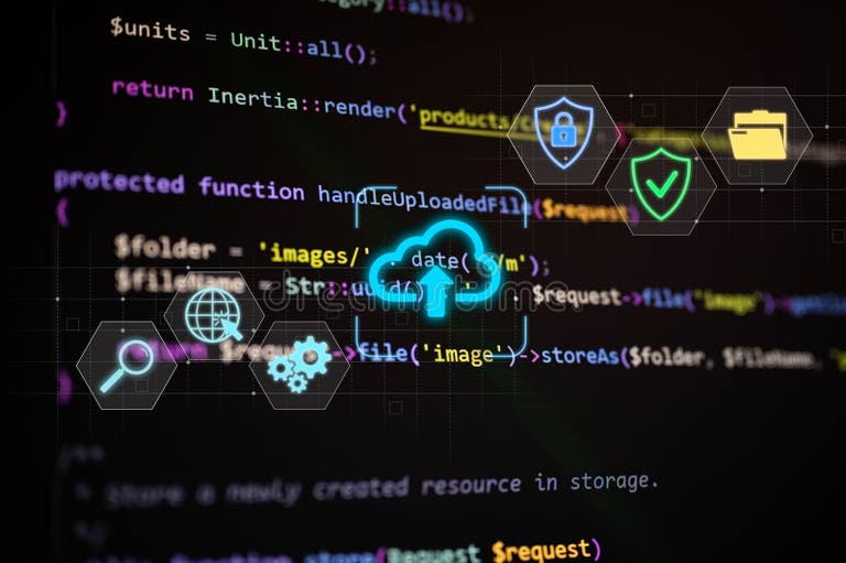 Cloud Storage and Data Security Concept Over Programming Code Background, Featuring Icons for ...