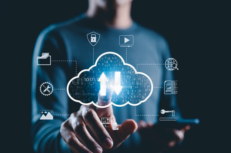 Cloud Storage and Data Transfer Technology Concept. a Person Touching ...