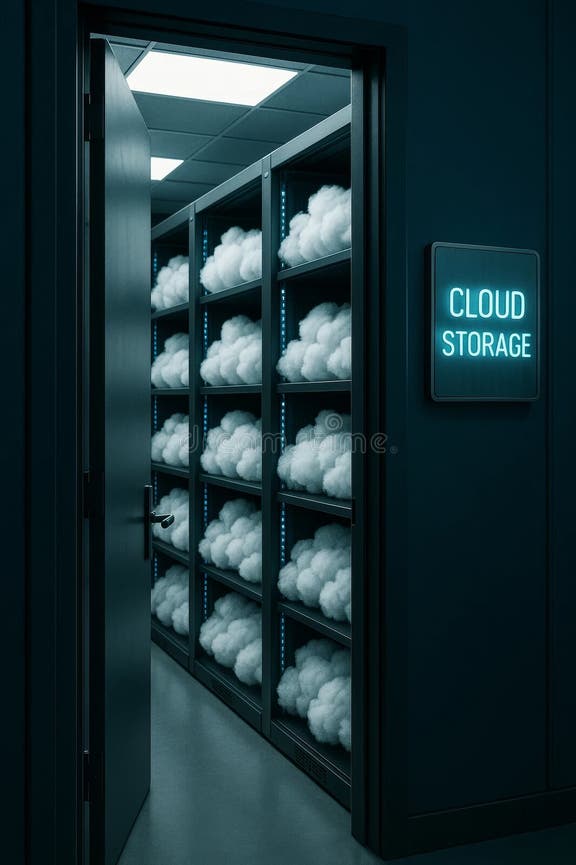 Cloud Storage Facility Depicting Rows of Servers Shaped Like Clouds Reflecting Data Management ...