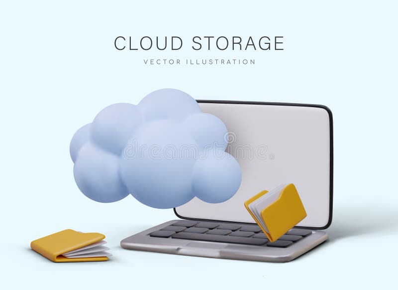 Cloud Storage. Realistic Open Laptop, Cloud, Folders with Documents ...