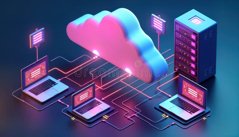 Cloud Storage Tech Communicates Efficiently. Laptops Connect To Server ...