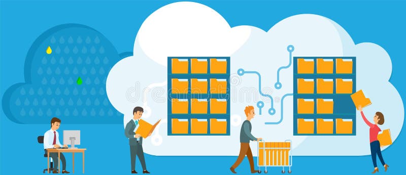 Cloud Storage Technology Concept. People Stacking Folders with ...