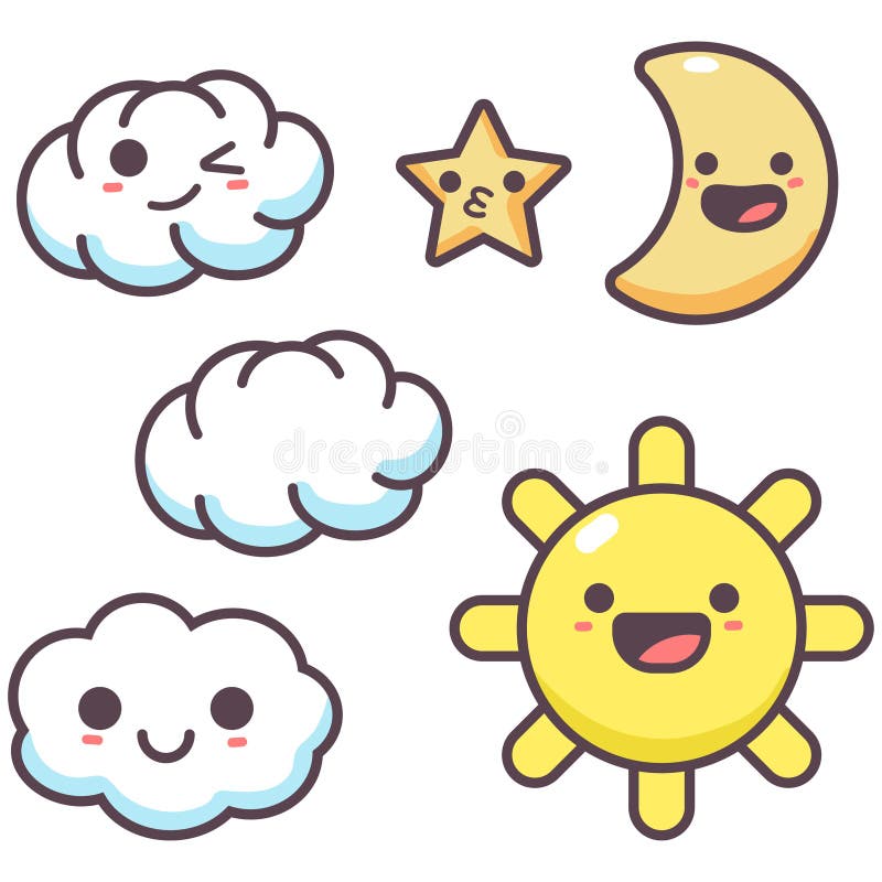 Cloud, Sun, Star and Moon Vector Characters Stock Vector - Illustration ...