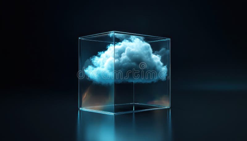 A Cloud Encapsulated in a Transparent Cube with a Dark Background and ...