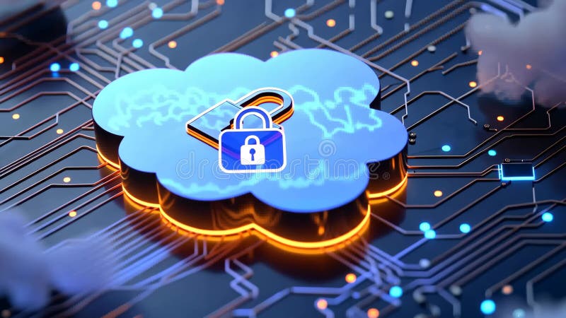A Cloud Symbol Adorned with a Lock Sits at the Center of a Digital Circuit Design, Highlighting ...