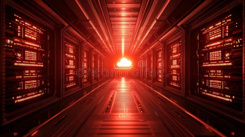 A Cloud Symbol Appears Over a Modern Data Center, with Light Beams ...