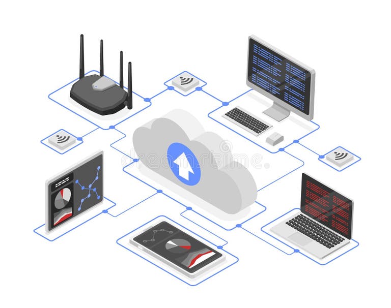 Cloud Technologies Digital Concept. Isometric Router, Tablet, Computer ...