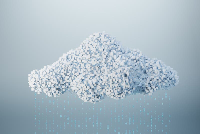 Cloud Technology and Cloud Computing Concept with 3D White Cloud Made Up of Pixels Figures and ...