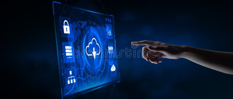 Cloud Technology Concept. Computing Data Storage. Software Infrastructure. Hand Pressing Button ...
