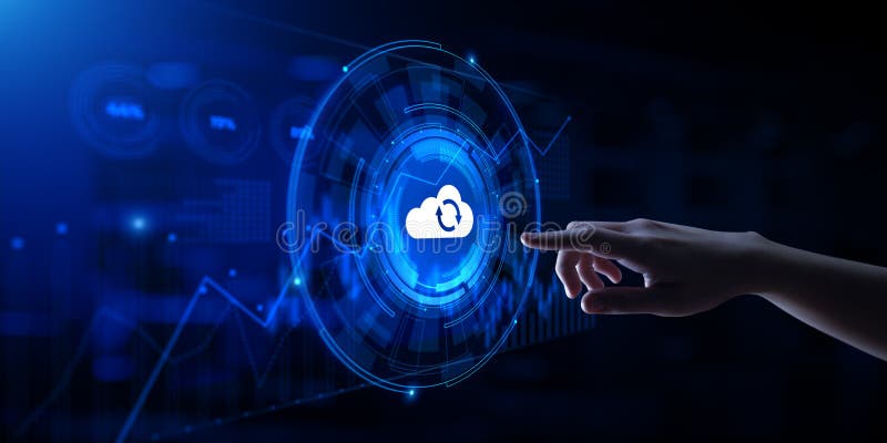 Cloud Technology Concept. Computing Data Storage. Software Infrastructure. Hand Pressing Button ...