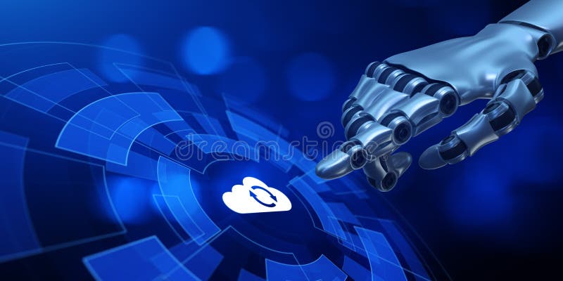 Cloud Technology Concept. Computing Data Storage. Software Infrastructure. Robotic Hand Pressing ...