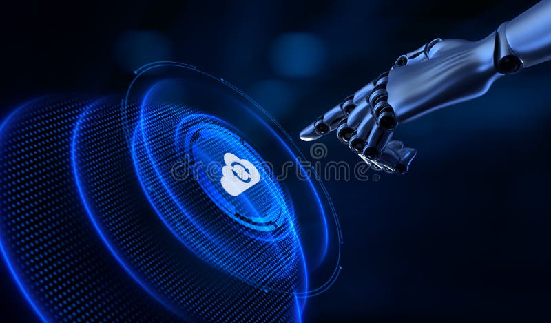 Cloud Technology Concept. Computing Data Storage. Software Infrastructure. Robotic Hand Pressing ...