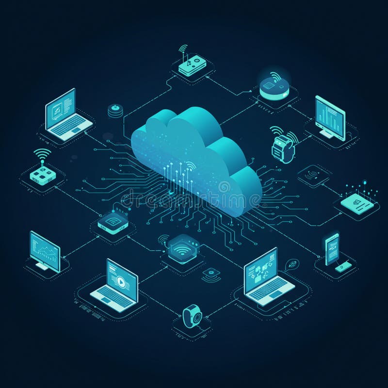 Cloud Technology Concept Illustration Featuring a Central Cloud Icon ...