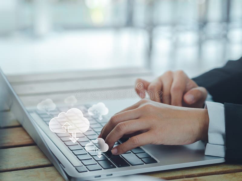 Cloud Technology Concept. Small Cloud Icons Appearing on Laptop ...