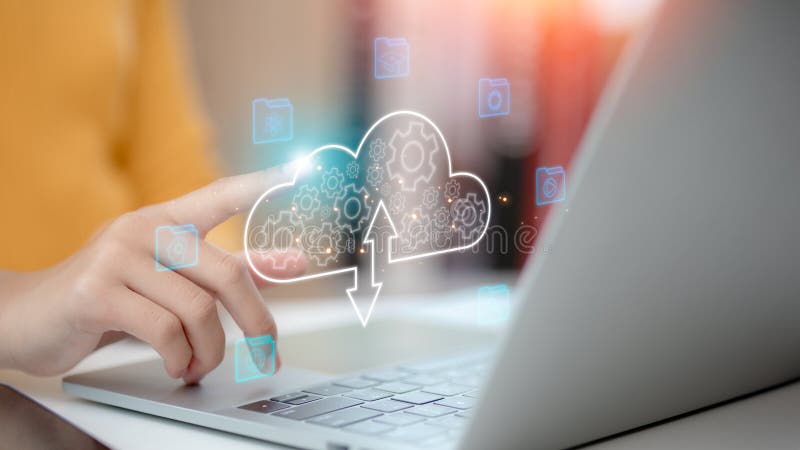 Cloud Technology Concept. Women with Cloud Computing Diagram Shown on ...