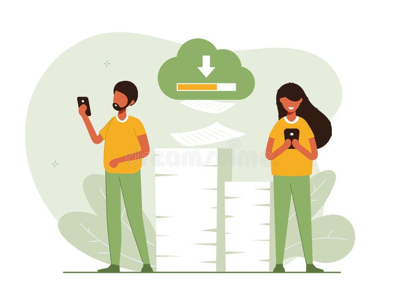 Cloud Technology Illustration Concept. People Exchanging Files Via ...
